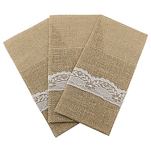 Burlap Silverware Holder FMHXG 10PCS 22x11 cm / 8.3x4.3 inches Reusable Rustic Burlap Lace Utensil Holder Pouches,Knife Fork Tableware Bags for Table Setting, Cutlery Holder