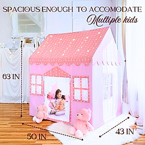 Large Cotton Tent for Kids - 50"x43"x63" Indoor Playhouse with Wooden Frame & Battery Lights, Kids Tent with Carry Bag, 3 Windows & 2 Pockets, CPSC Certified Play House for Girls and Boys