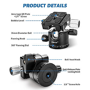 Ball Head Mount, CAVIX 36mm Ball Head Camera Tripod Head with 1/4“ Arca Swiss Quick Release Plate for Tripod, Monopod, DSLR, Camera,Load 33lb/15kg