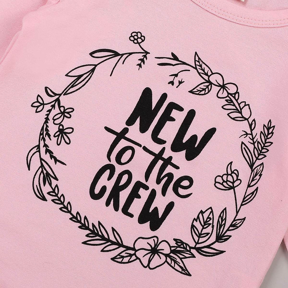 ZOELNIC Newborn Baby Girl Outfits New To The Crew Letter Print Romper+Floral Pants+Hat+Headband+Gloves 5PCS Clothes Set (Light Pink,Newborn)