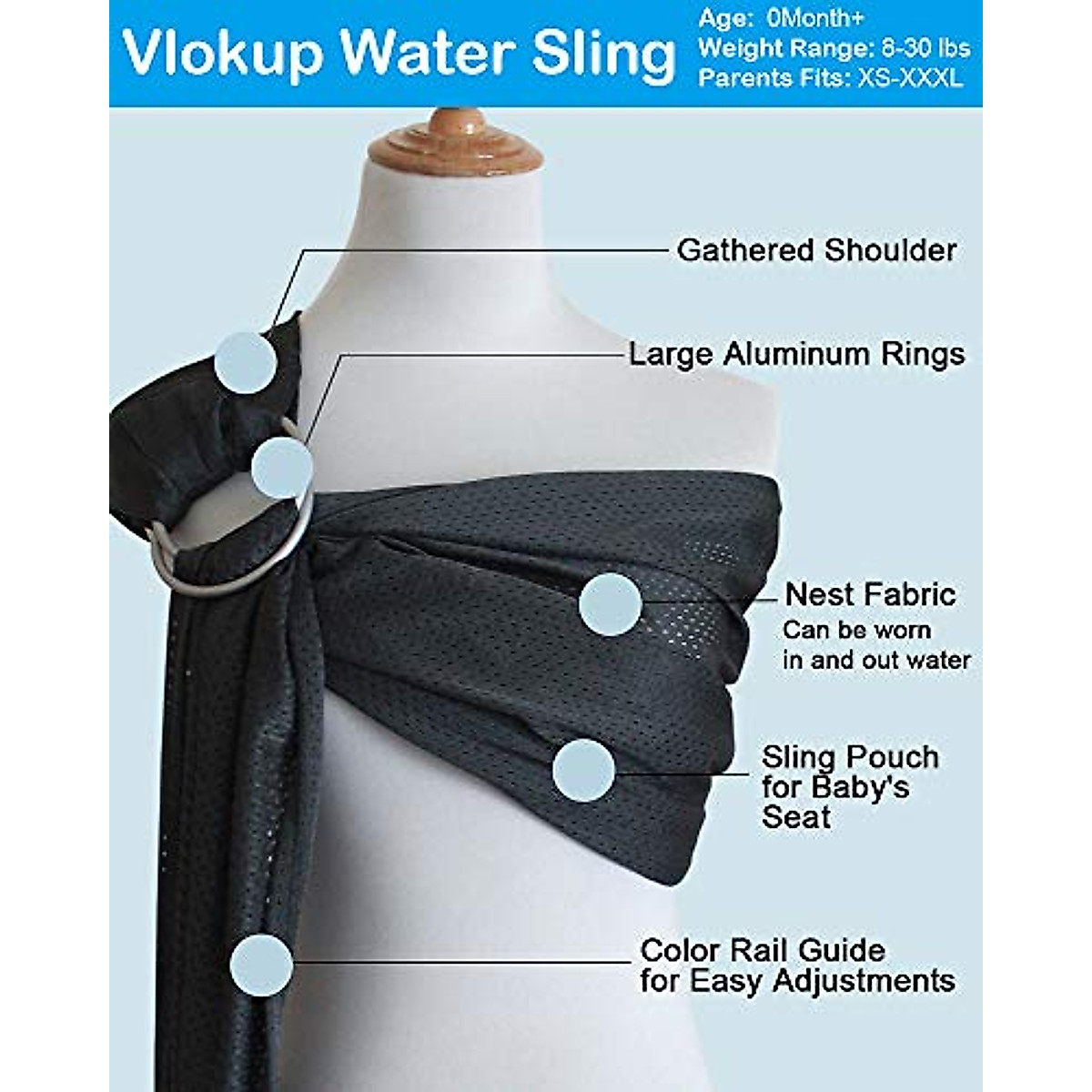 Vlokup Baby Water Ring Sling Carrier | Lightweight Breathable Mesh Baby Wrap for Infant, Newborn, Kids and Toddlers | Perfect for Summer, Swimming, Pool, Beach | Great for Dad Too Grey