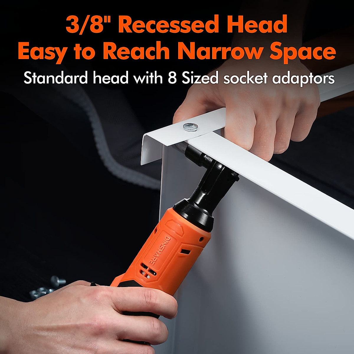 DINSHARE 3/8 Orange Metal Electric Ratchet Wrench Set, 16.8V, 45ft-lbs, 400 RPM, 2 Batteries, 1 Charger, 1 Nylon Storage Bag, 8 Removable Sockets