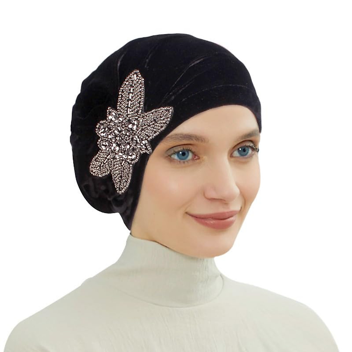 YiYi Operation Women's Stretch Velvet Turban Hat Cancer Chemo Beanie Beaded Flower Hair Wrap Cap Headwear (Black)