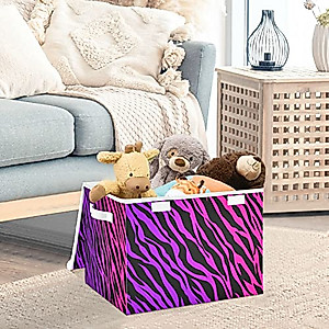 xigua Zebra Print Wallpaper Storage Bins with Lids Foldable Large Cube Storage Boxes with Handles for Home Bedroom Closet Office (16.5x12.6x11.8 in)