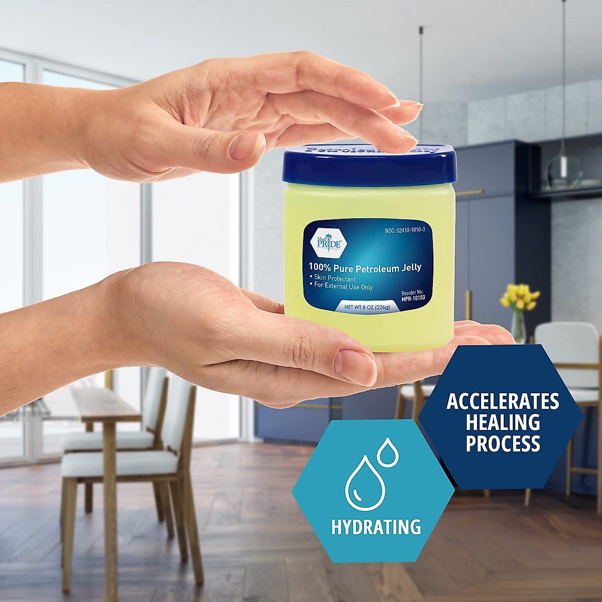 MED PRIDE Pure White Petroleum Jelly Tub 8 OZ - Effective Skin Protectant For Dry Skin, Rashes, Minor Burns & Wounds- Powerful Moisturizer For Chapped Lips, Dry Hands, Chaffed Skin & Diaper Rash