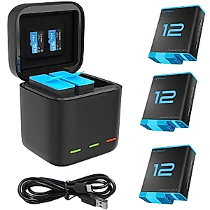 REYGEAK Battery Charger for GoPro Hero 12/11/10/9 Black, Portable Charger 3-Channel Battery Charging Storage 3 Pack Rechargeable Hero 9/10/11/12 Batteries (Charger + 3 x Batteries)