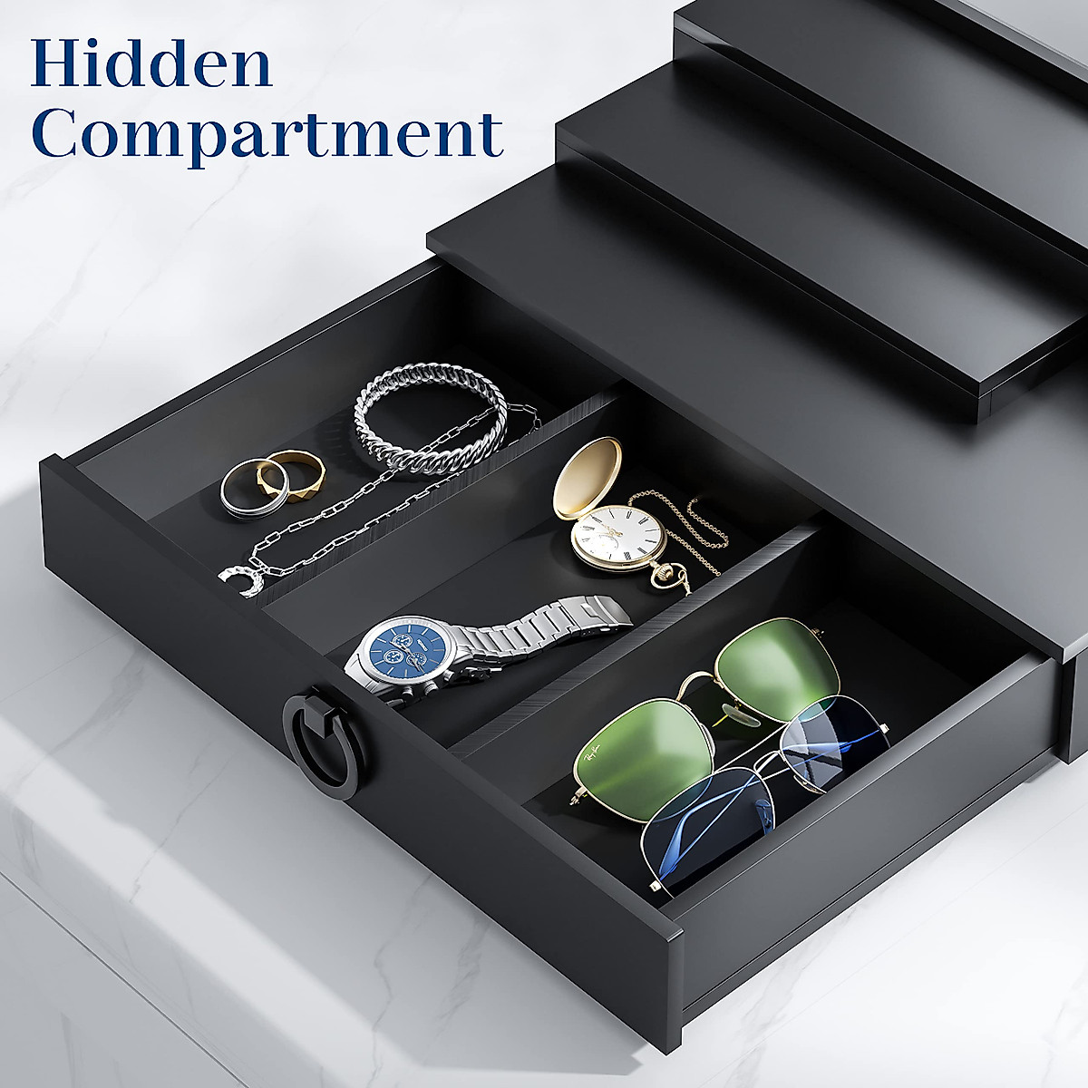 WINKINE Cologne Organizer for Men, Acrylic Display Stand Shelf, Perfume Organizer for Dresser, Cologne Stand with Hidden Compartment and Drawer, Cologne Holder Tray Shelf, Fragrance Organizer, Black