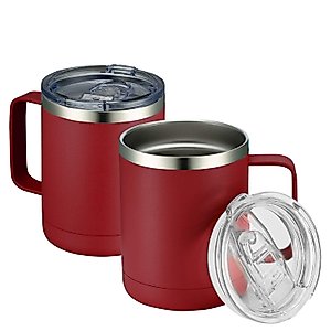 MEWAY 12oz Coffee Mug With Handle 2 Pack Bulk,Stainless Steel Insulated Travel Tumblers With Sliding Lid,Double Wall Vacuum Camping Cup for Hot & Cold Drinks Tea (Red,Set of 2)