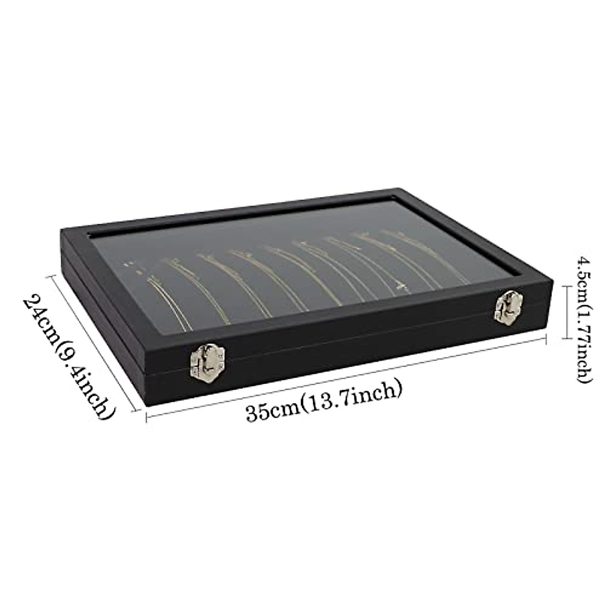 Wudygirl 20 Hooks Necklace Tray Storage Box Jewelry Display Stackable Glass Top Lockable Black Velvet Boxes(Necklace Box)