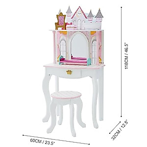 Teamson Kids Dreamland Princess Play Vanity Set with Mirror, Shelf, Storage Drawer, Stool, and Accessories for 12" Dolls, White an Pink