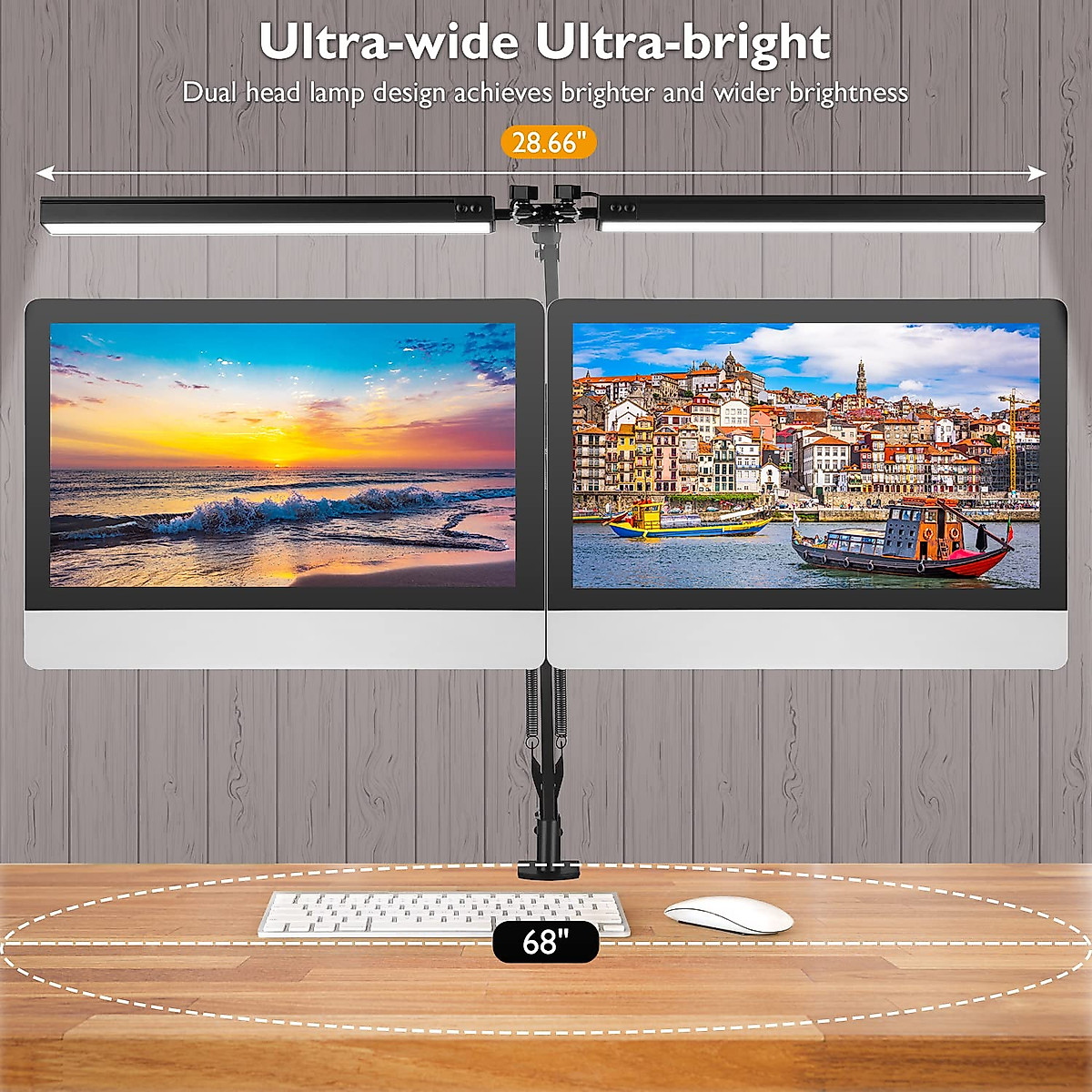 JOSTIC LED Desk Lamp with Clamp, Super Bright Double Head Desk Lamps for Home Office, 5 Color Modes, 10%~100% Dimmable Brightness, Architect Task Desk Light, Modern Swing Arm Workbench Desk Lighting