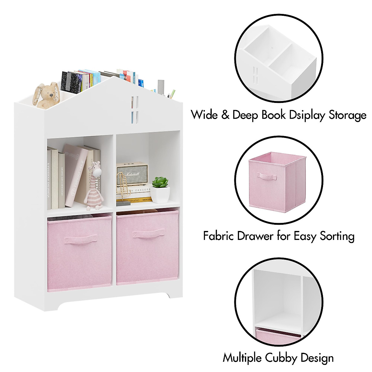 Tzou Kids Dollhouse Bookcase with Storage, Toddler Bookshelf, 2-Tier Storage Display Organizer with 2 Collapsible Fabric Drawers for Boys Girls Bedroom, Playroom House Bookshelf White+Pink