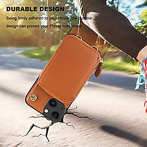 Bocasal Crossbody Wallet Case for iPhone 13, RFID Blocking Leather Purse Case with Card Holder, Protective Handbag Flip Cover with Zipper Wrist Strap Lanyard for Women 5G 6.1 Inch (Brown)