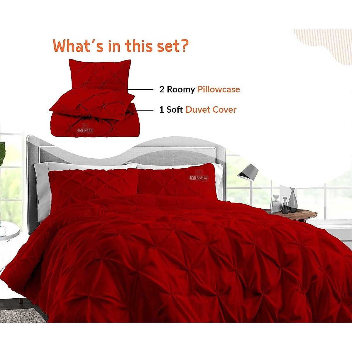 SGI bedding 3 Piece Duvet Cover Oversized Queen Size, Pinch 600 TC, 100% Cotton Sateen,1 Duvet Cover with 2 Pillows Covers,with Zipper Closure & Corner Ties, Soft,Cooling & Breathable - Blood Red