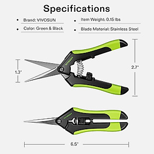 VIVOSUN Gardening Scissors 6.5 Inch Hand Pruner Pruning Shear with Straight Stainless Steel Blades, Black and Green