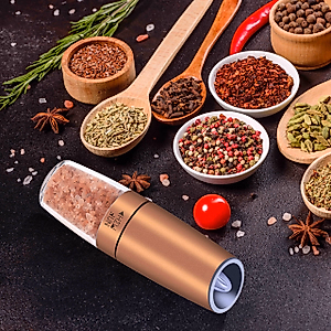 Gravity Salt and Pepper Grinder Set with Adjustable Coarseness Automatic Pepper and Salt Mill Set Battery Powered with White LED Light,One Hand Operated,Brushed Stainless Steel by CHEW FUN