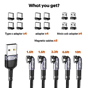 Magnetic Charging Cable 5-Pack (1.6/3.3/3.3/6.6/10FT) - 540° Rotating 3 in 1 Magnetic Phone Charger Cable with LED Light - 90° Angle Connector, Compatible with Micro USB, Type C Smartphone (Black)