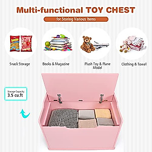Costzon Kids Wooden Toy Chest, Wide Toy Box Storage Chest with Bench Seat, Toy Storage Trunk Case with Finger-Pinch Prevention, Lift-Top Foot Rest Seat for Toddler Bedroom Playroom Entry (Pink)