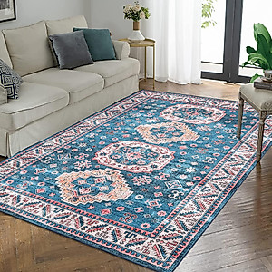ROYHOME Area Rug Machine Washable Rug Small Throw Carpet 4x6 Rug Boho Area Rug Non Slip Distressed Area Rug Oriental Rug for Living Room Bedroom Kitchen, Blue 4' x 6'