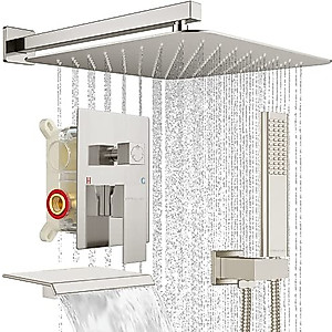 EMBATHER Shower System with Tub Spout,12 Inch All-Metal Tub Shower Faucet Combo Complete, Wall Mounted Rain Shower Head with Handheld Spray, Brushed Nickle (with Brass Valve and Trim kit)