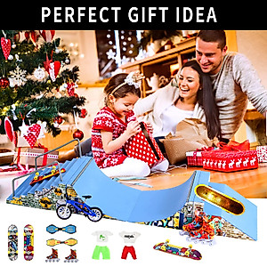 Aestheticism Half-Pipe Ramp Skate Park Kit, Bigger Fingerboard Ramps Set with 11 pcs Finger Toys Set Including Fingerboard, Bike, Scooters, Clothing & Big Non-Slip Mat