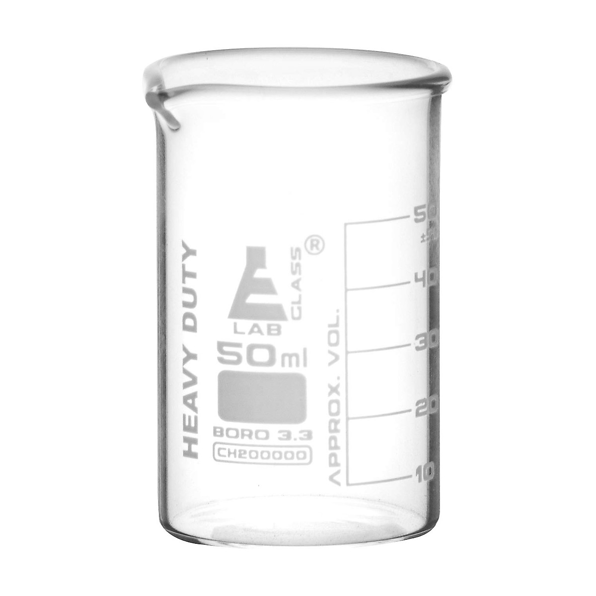 EISCO Heavy Duty Beaker, 50ml - 5mm Thick, Uniform Walls - Superior Durability & Chemical Resistance - White Graduations - Borosilicate 3.3 Glass