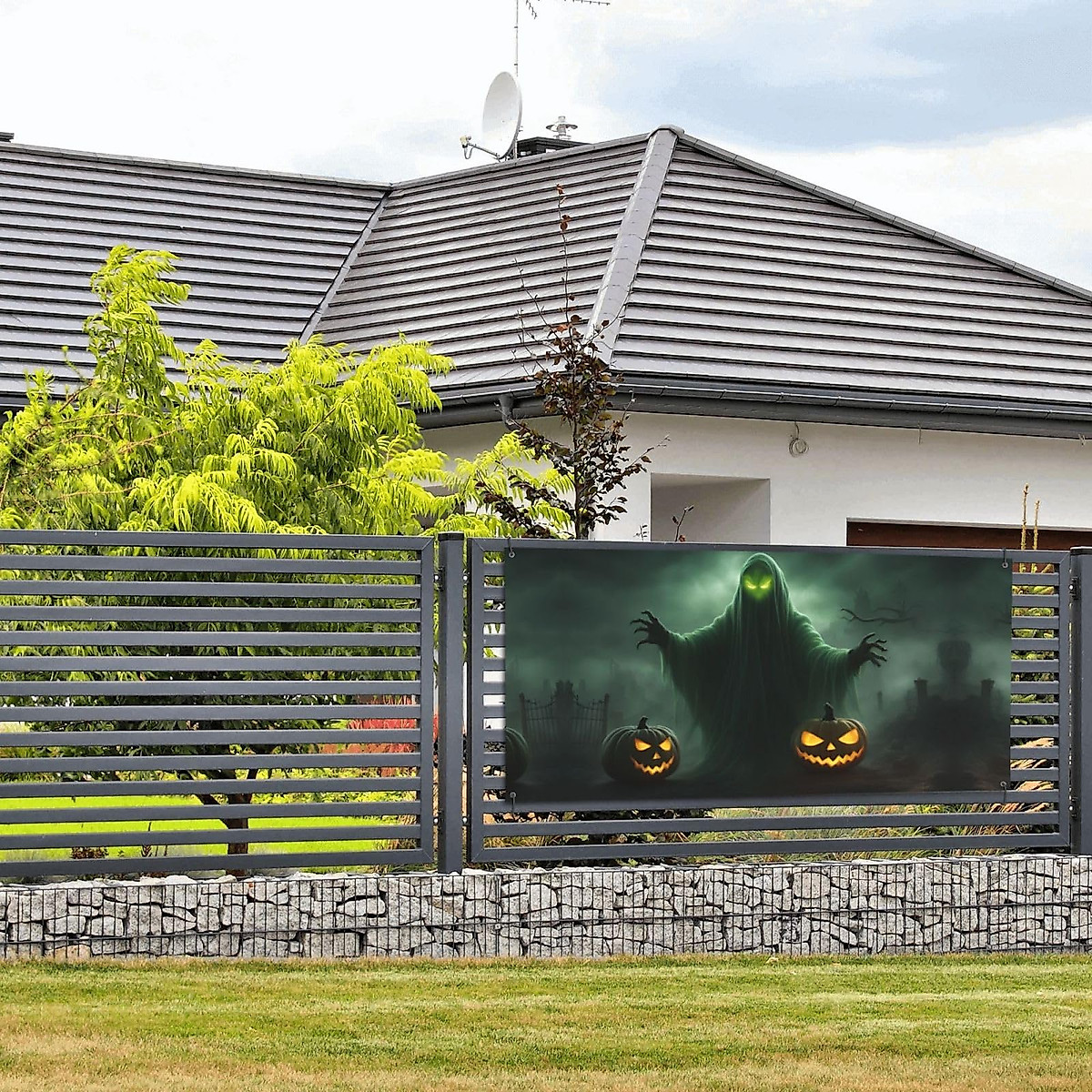 Banners and Signs for Outdoor 35x71 Backdrop for Birthday Party Business Graduation Wedding Event,Green Ghost Horror Halloween Pumpkin