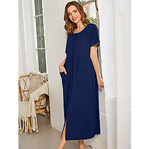 Ekouaer Women Robes Zipper Front Short Sleeve Full Length Housecoat with Pockets Loungewear Navy Blue,2XL