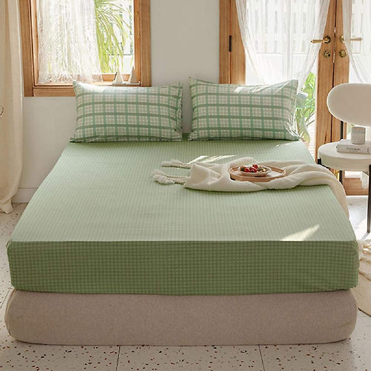 LifeTB 4 PCS Reversible Green Plaid Duvet Cover Set 【1 Queen Duvet Cover + 2 Standard Pillowcases + 1 Queen Fitted Sheet】