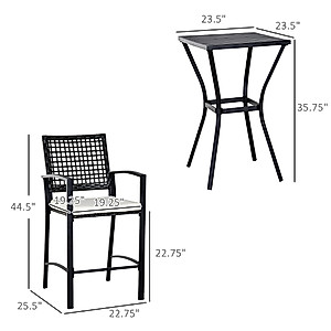 Outsunny 3pcs Patio Bar Set with Soft Cushion, Rattan Wicker Outdoor Furniture Set for Backyards, Lawn, Deck, Poolside