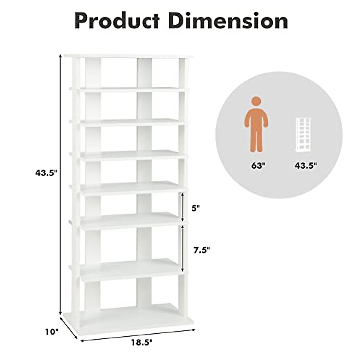 COSTWAY 7 Tiers Shoe Rack, Double Rows Vertical Tall Narrow Patented Shoe Organizer, Free Standing Shoe Rack for Small Space, Entryway, Closet, Living Room, Bedroom (White)