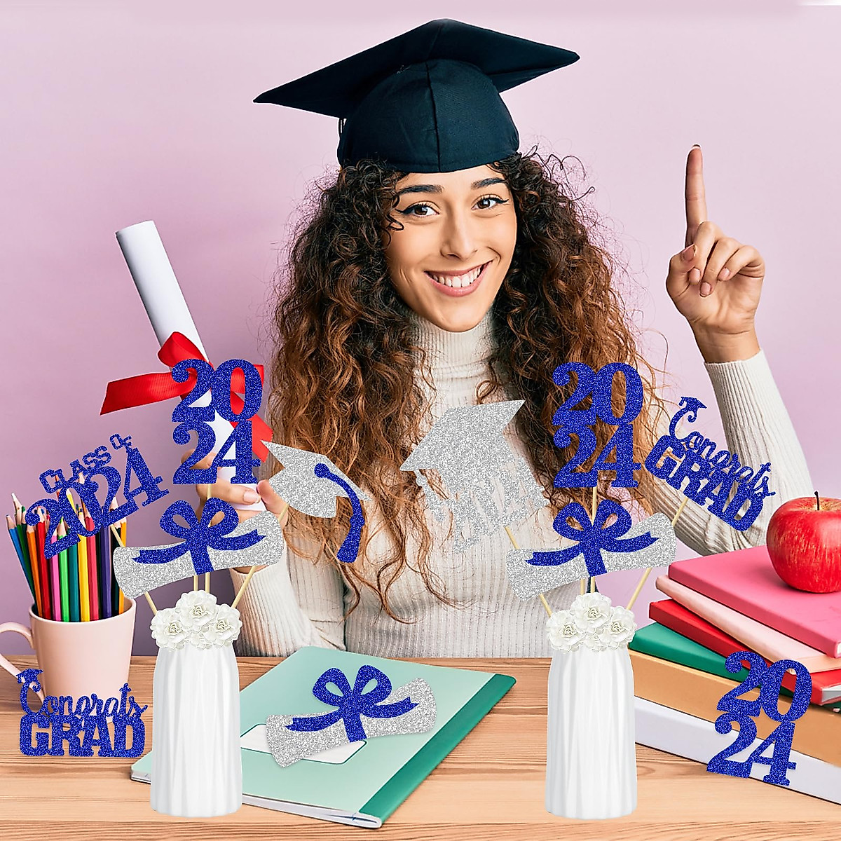 Blue and Silver 2024 Graduation Centerpiece Sticks Graduation Party Centerpieces for Tables 2024, Graduation Table Toppers 2024 Blue Class of 2024 Graduation Table Centerpieces Decorations - 24Pcs