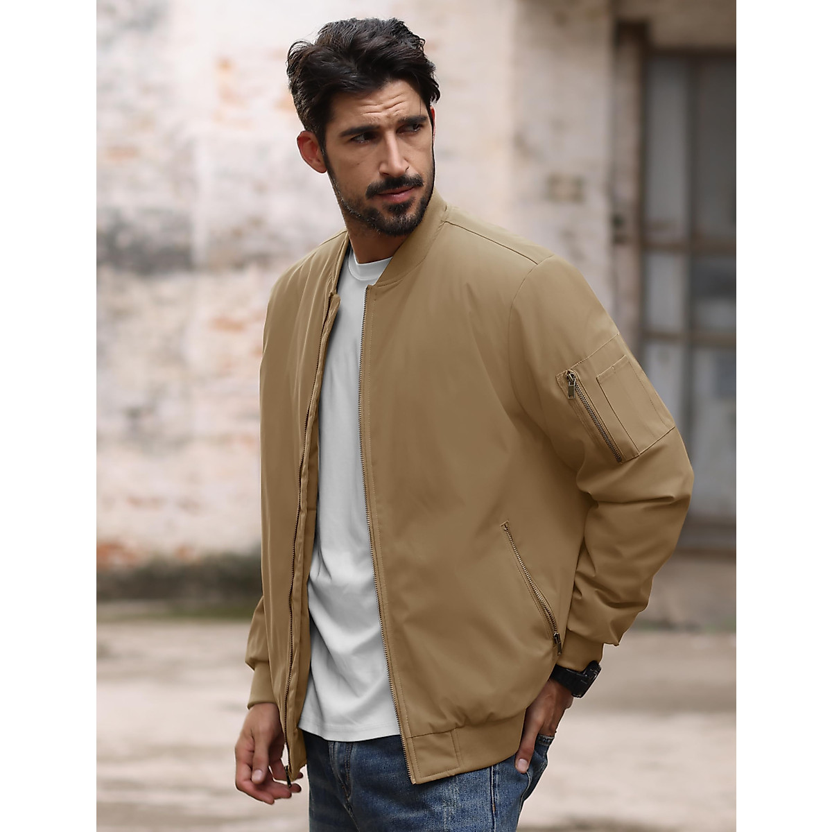 MAGCOMSEN Mens Bomber Jacket Fall Quilted Lining Lined Warm Jacket Full Zip Work Jackets Winter Casual Jacket Khaki XL