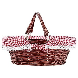 MAHIONG 2 PCS Brown Wicker Woven Gift Easter Basket, Hand Woven Empty Willow Woven Basket with Double Folding Handles and Washable Gingham Liner, Wicker Picnic Basket for Egg Candy Fruit Toy Storage