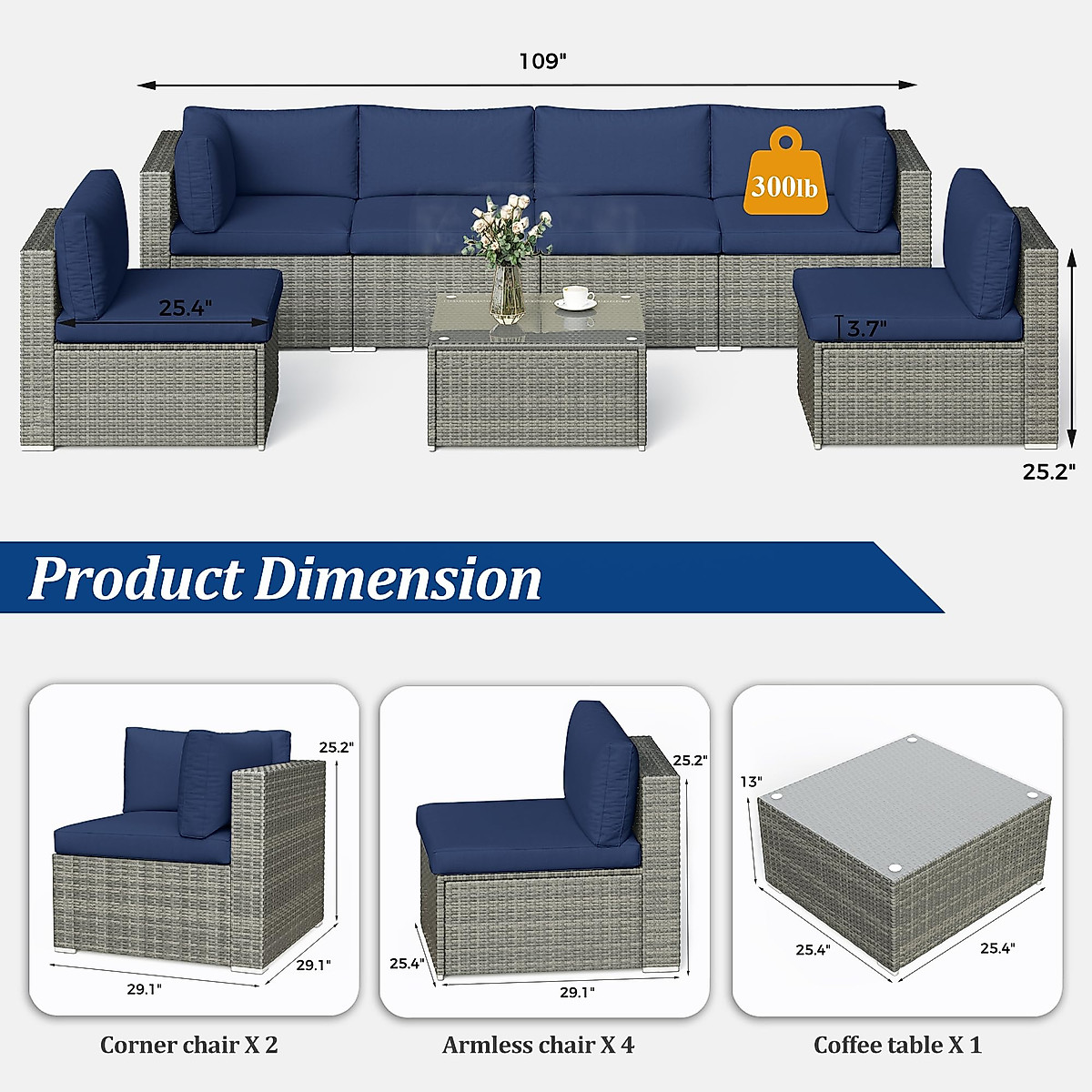 May in Color 7-Piece Modular Outdoor Sectional Wicker Patio Furniture Set with Coffee Table for Porch Balcony Backyard, Dark Blue