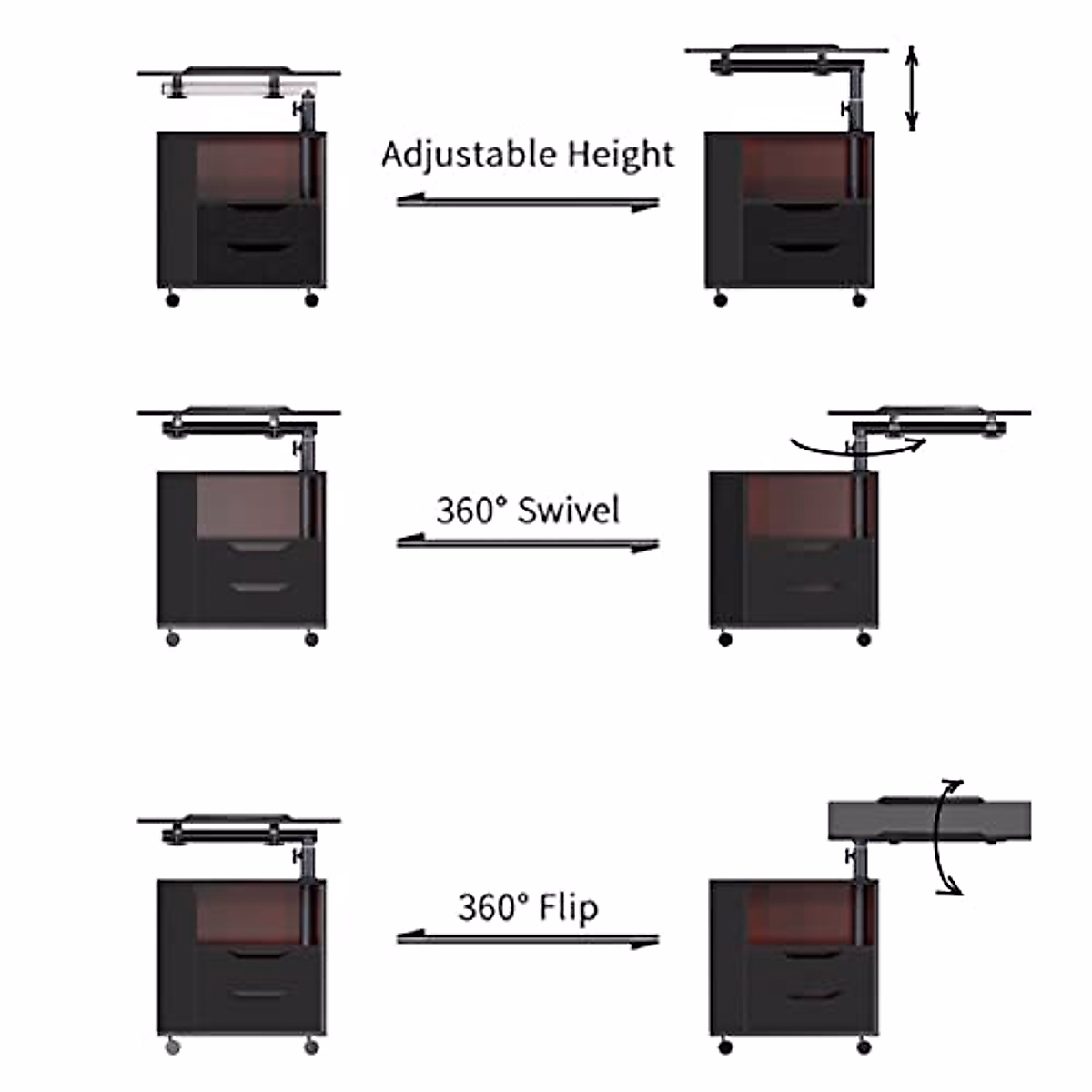 sogesfurniture Height Adjustable Nightstand Movable Bedroom Side Table Overbed Bedside Table Stackable End Table Cabinet for Storage,Black BHUS-CT1-BK-N