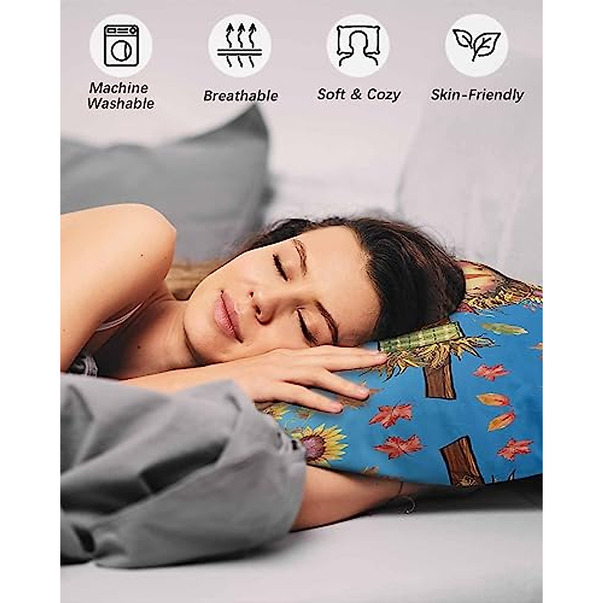 Edwiinsa Fall Scarecrow Pillow Covers King Standard Set of 2 Bed Pillow, Autumn Pumpkin Maple Leaves Blue Plush Soft Comfort for Hair/Skin Cooling Pillowcases with Envelop Closure 20''x36''