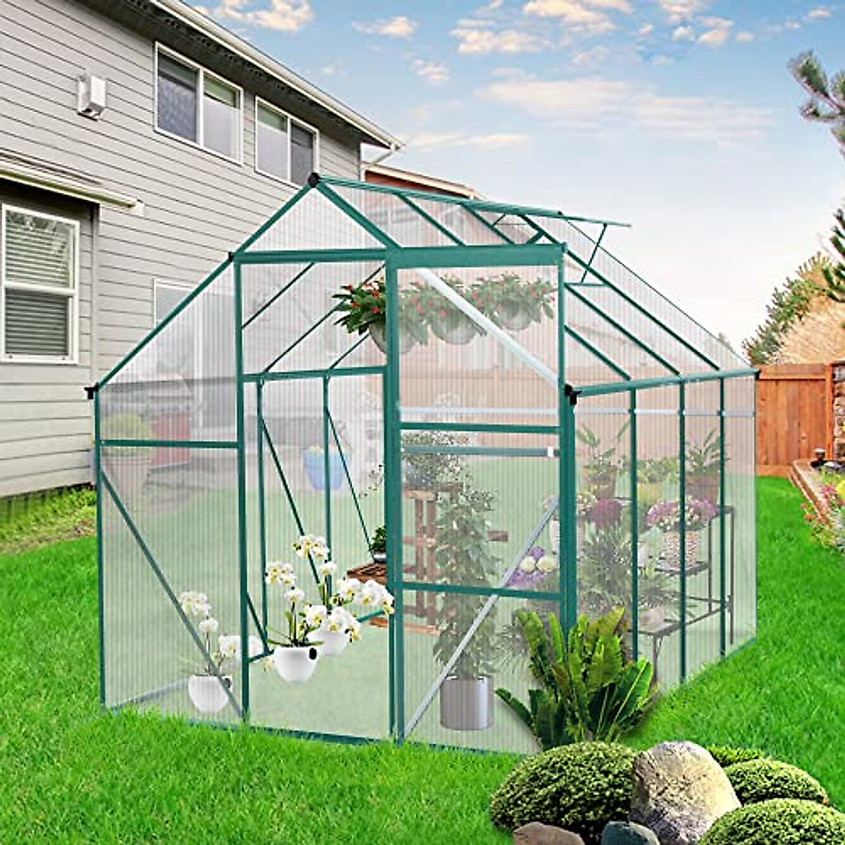 Outdoor Patio Greenhouse, Adjustable Roof Vent and Rain Gutter for Plants,Walk-in Polycarbonate Greenhouse, Garden Greenhouse for Flowers in Winter, Garden, Backyard,Silver-6 x 8 FT
