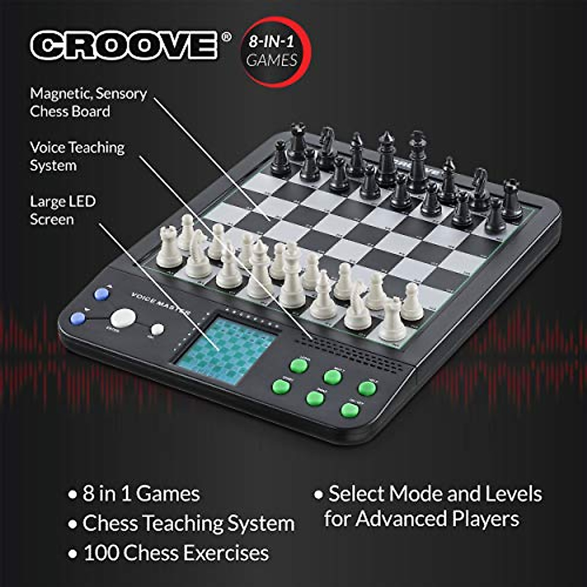 Croove Electronic Chess and Checkers Set with 8-in-1 Board Games, for Kids to Learn and Play