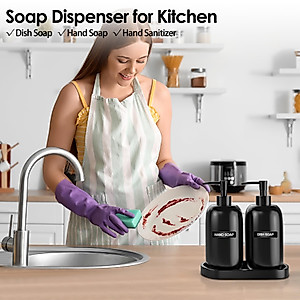 FoverOne 2 Pack Soap Dispenser Set with Tray & Waterproof Labels, 14.5Oz Resin Hand Soap Dish Soap Body Lotion Refillable Dispensers for Kitchen Sink Bathroom Vanity - Black