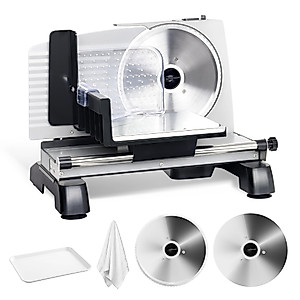 BIEAMA Meat Slicer, 200 W Electric Food Slicer with 2 Removable 7.5" Stainless Steel Blades Child Lock Protection Adjustable Thickness 0-18mm Meat Slicer Machine for Home with Food Tray, Towel