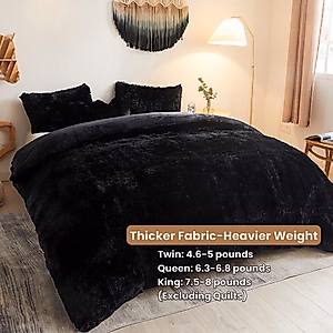 MEGO Luxury Shaggy Plush Duvet Cover Set, Ultra Soft 3 Pieces Fluffy Faux Fur Comforter Cover Set, Fuzzy Bedding Set(1 Furry Duvet Cover + 2 Pillow Shams), Zipper Closure(Queen, Black)