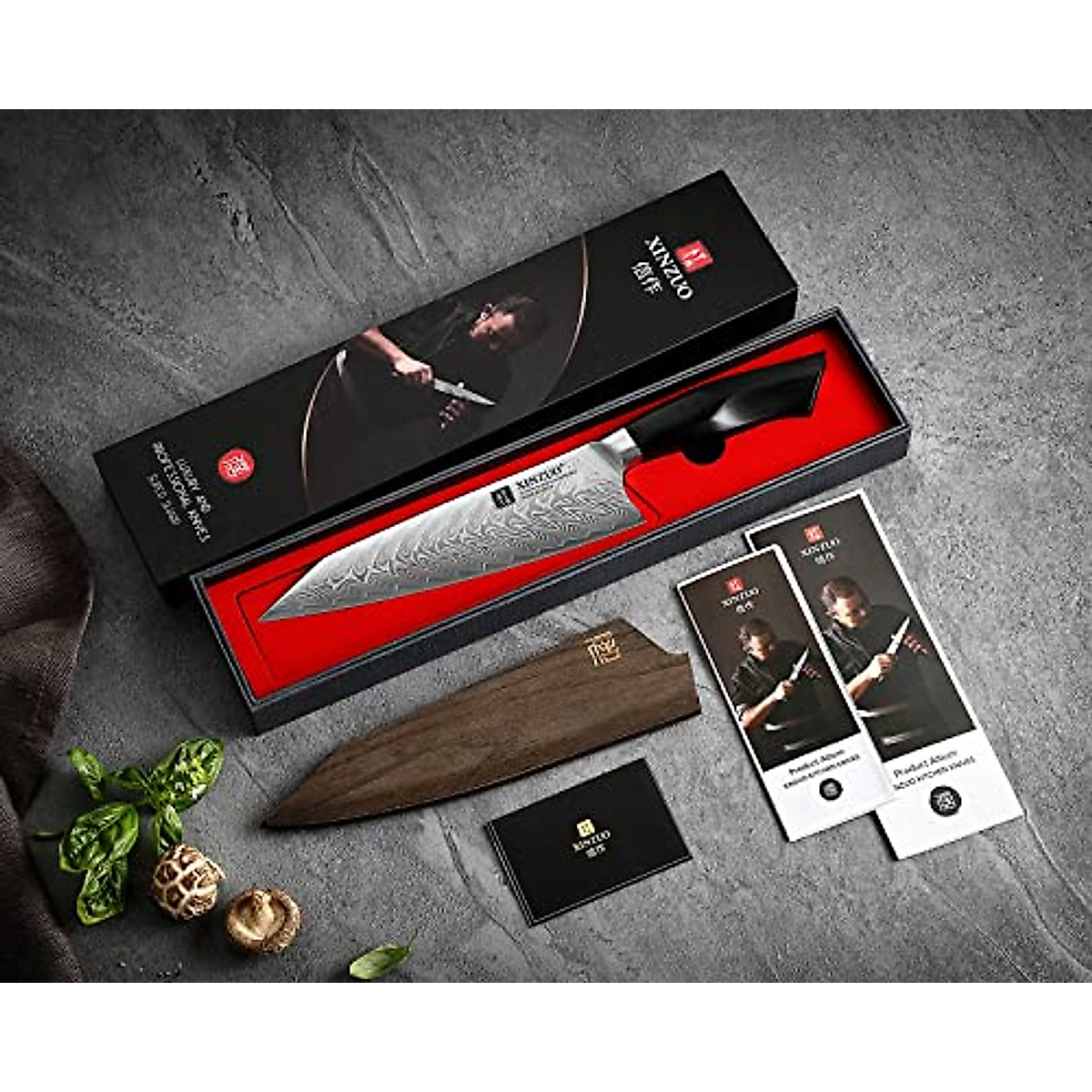 XINZUO Damascus Steel Chef Knife, 8.5 inch Kiritsuke Kitchen Knife Professional Forged Gyuto Cooking Knife, Military Grade G10 Handle with Magnetic Sheath -Feng Series