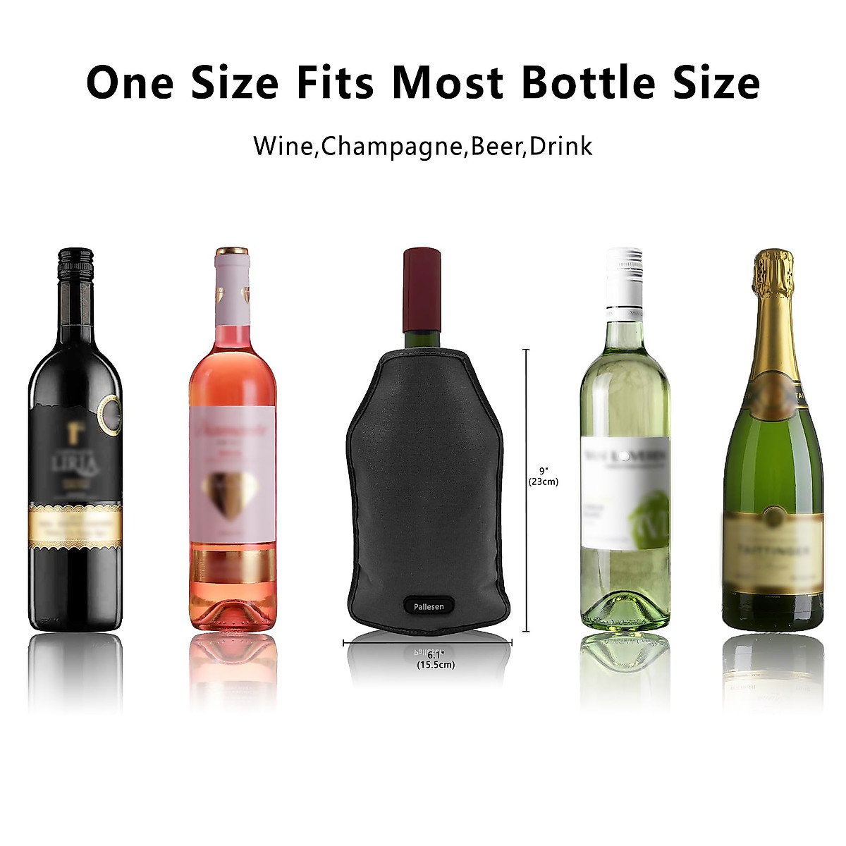 Pallesen Portable Wine Cooler Sleeve - Reusable Bottle Chiller Keeps Red, White & Champagne Cool for 750ml Standard Size Bottles (Black)