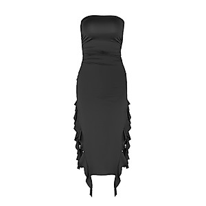 Women’s Bodycon Tube Dress Sexy Strapless Y2K Ruffle Trim Irregular Floral Tassel Split Ruched Club Night Party Midi Dress (as1, Alpha, s, Regular, Regular, Black)