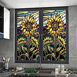 CREATIVE HOBBIES Window Privacy Film Sunflower Window Clings Stained Glass Window Film 78.7" x 17.3" Frosted Glass Window Decor Bathroom Window Coverings Static Cling Non-Adhesive