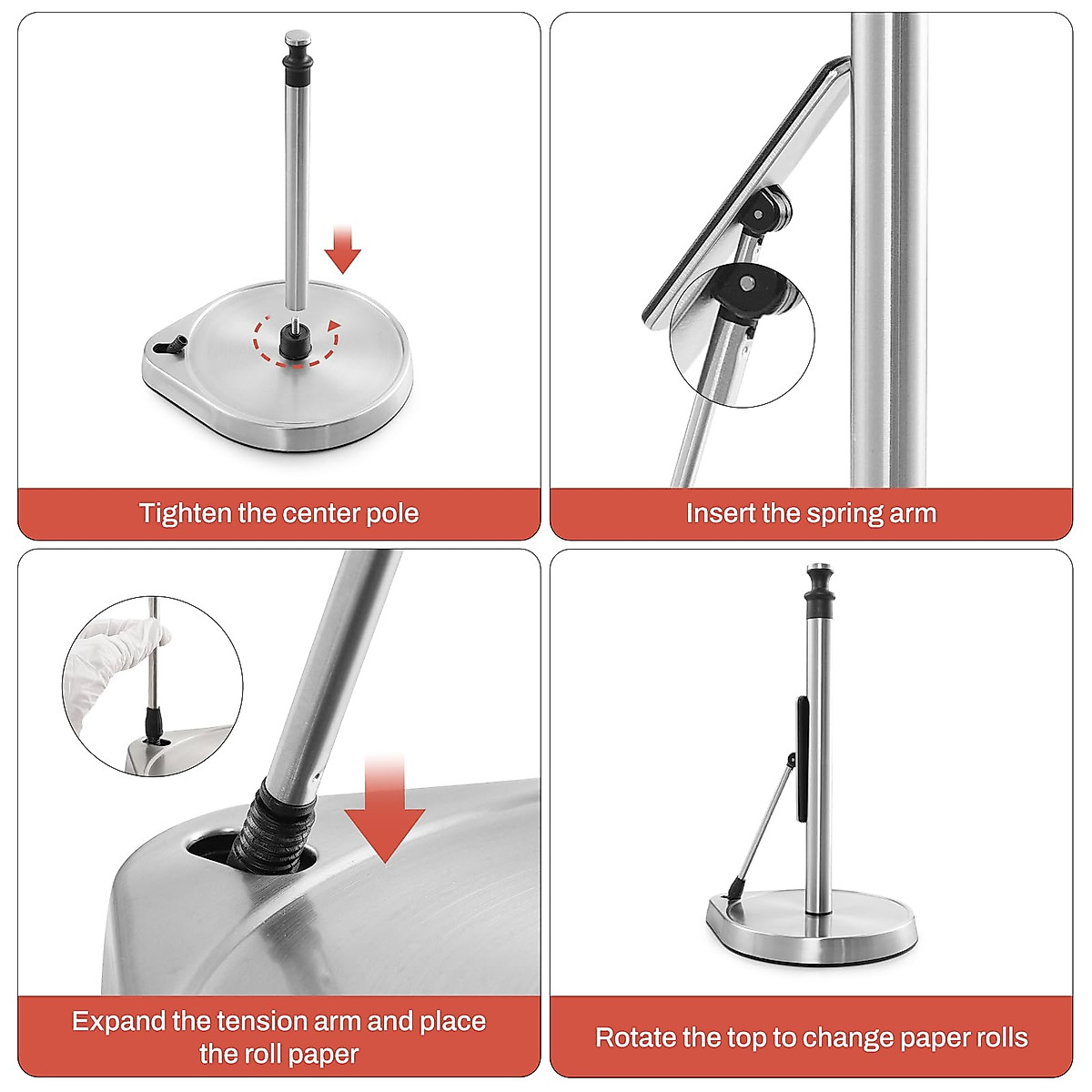 Dailyart Paper Towel Holder for One Hand Tear - Kitchen Paper Towel Holder Countertop with Tension Arm & Non Slip Weighted Base, Stainless Steel Paper Towel Holder Stand for Kitchen Bathroom, Black