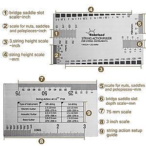 Alnicov Stainless Steel String Action Ruler Guitar Setup Gauge Luthier Measuring Tool with User Guide for Electric, Acoustic Bass Guitars