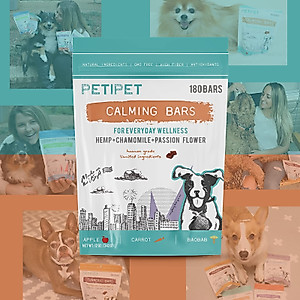 PETIPET Vegan Calming Bars for Small Dogs - Anxiety Composure Relief - with Carrots, Apples, Hemp, Chamomile, Passion Flower - for Dog Stress & Separation Aid + Chewing & Barking 180 Treats