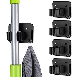 Mop and Broom Holder Wall Mount. Non-slip Stainless Steel Mop Holder Broom Hanger Tool Organizer Self Adhesive. Organization and Storage for Home Garden Garage Kitchen Laundry Room (Black, 4 Pack)